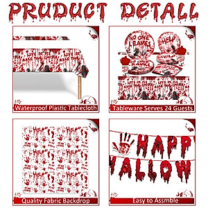 Halloween Party Supplies Tableware Set, Bloody Halloween Party Decorations, Halloween Scary Bloody Plates and Napkins Cups Plastic Tablecloth Dinnerware Set for Zombie Horror Theme Party Decorations