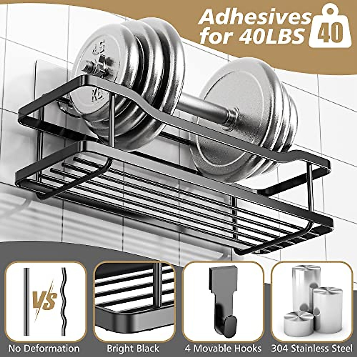 OMAIRA 2-Pack Adhesive Shower Caddy, Shower Shelf, No Drilling Rustproof Stainless Steel Shower Organizer for Inside Shower & Kitchen Storage (Matte Black)