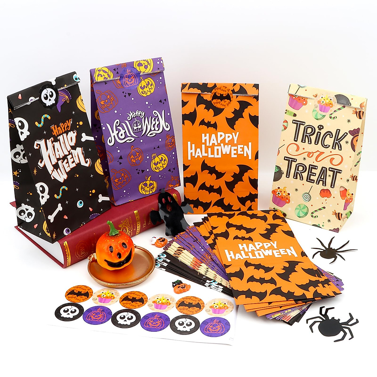 Semato Halloween Treat Bags, 24 Pcs Paper Halloween Goodie Bags Trick or Treat Gift Bags Bulk Halloween Candy Bags for Kids Halloween Bags Party Favors