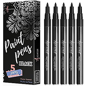 ARTISTRO Black Paint Pens for Rock Painting, Stone, Ceramic, Glass, Wood, Tire, Fabric, Metal, Canvas. Set of 5 Water Based Black Markers for Acrylic Painting Extra Fine Point Tip