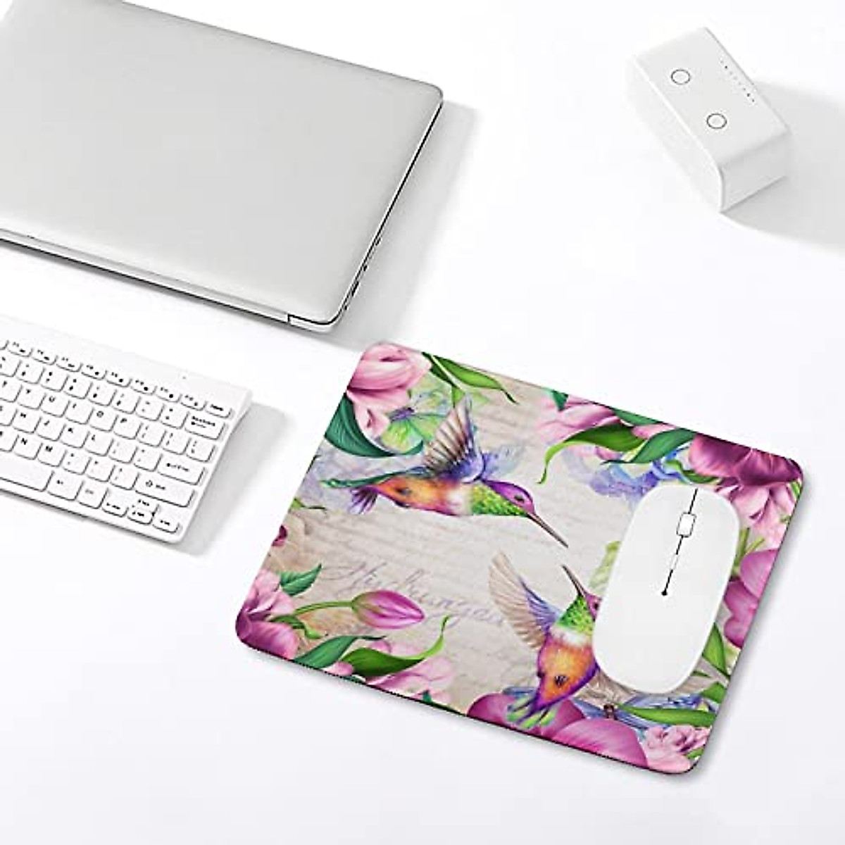 Vintage Bird Floral Anti Slip Rubber Mouse Pad Watercolor Garden Decor Tropical Plant Calla Lily Hummingbird for Wireless Mouse, Computers, Laptop, Office 9.4L x 7.9W Inch