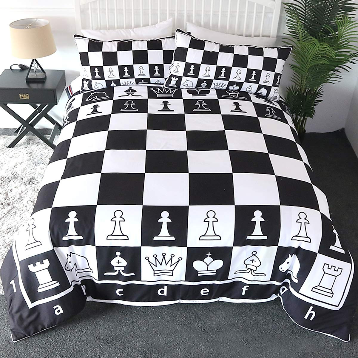 Sleepwish Check Chessboard Duvet Cover Twin Size Black & White Chess Pieces Bedding Set 3 Pieces Classic Checkered Pattern Modern Comforter Cover Sets