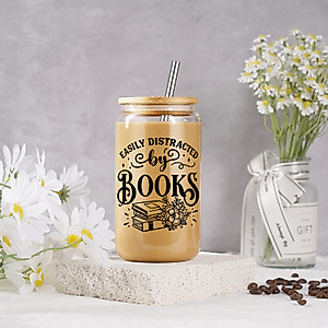 Coolife Book Lovers Themed 16 oz Coffee Glass Cups w/Lids & Straws, Bookish Gifts for Women, Book Club Bookworm Gifts for Book Lovers, Readers Librarian - Christmas, Birthday Book Lover Gifts Ideas
