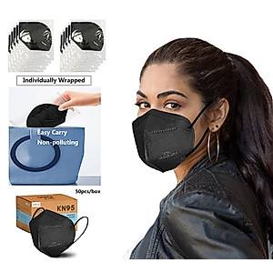 Edith qi KN95 Face Masks 50 PCS, Individually Wrapped, 5 Ply Black Disposable KN95 Masks for Adults Filter Efficiency 95%, Protection against PM 2.5 Smoke Particles