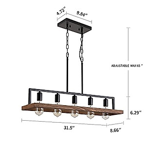 Fivess Lighting 5-Light Rustic Wood Kitchen Island Lighting,Oak Wood and Metal Linear Chandelier,Retro Industrial Pendant Light Fixture for Kitchen Island Dining Room Farmhouse,Black