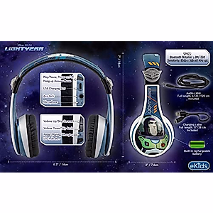 Disney Pixar Lightyear Kids Bluetooth Headphones, Wireless Headphones with Microphone Includes Aux Cord, Volume Reduced Kids Foldable Headphones for School, Home, or Travel