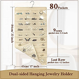 6 Pcs Hanging Jewelry Pocket Organizer Storage Roll with 80 Pockets, Dual Sided Hanging Women Girl Jewelry Holder Hanging Accessories Holder Closet Earring Storage for Earring Necklace Bracelet Ring