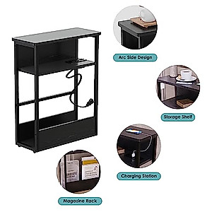 GGWEW Narrow Side Table with Charging Station, 3 Tier Slim End Table for Small Spaces, 23.6 Inch Height Thin Tables with Storage Shelf and Magazine Rack for Living Room, Black