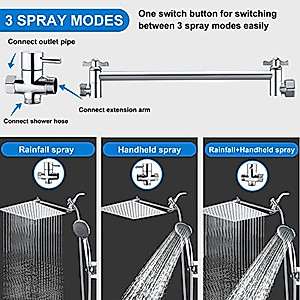 12"High Pressure Rainfall Shower Head with Handheld Spray Combo, Square Waterfall Shower Heads, 5Settings Chrome Showerhead Spray with Holder, 13"Adjustable Extension Arm, 59"Stainless Steel Hose