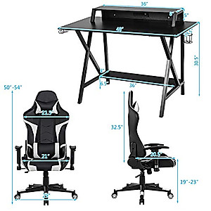Tangkula Gaming Desk and Chair Set, Ergonomic E-Sport Gamer Desk & Racing Chair Set w/Cup Holder, Monitor Stand, Earphone Hook, Massage & Headrest, Home Office Computer Desk Chair Set (White)