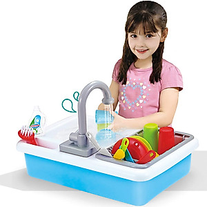 Kids Role Play Kitchen Sink with Running Water - 20 Piece Electric Dishwashing Toy with Working Faucet, Dish Rack, Plastic Dishes, Sponge, Brush and Pretend Dish Soap