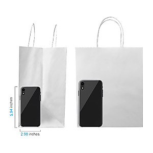 White Paper Bags with Handles, 50 Count 10x6.75x12 Inches White Kraft Paper Bags for Wedding bags, Gift bags, Food bags, Shopping bags, Grocery bags, Storage bags, Lunch bags, Take Out bags, Retail bags and More, Reusable, Eco-friendly and Sustainable 107