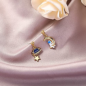 Astronaut Stud Earrings, 4 Pairs Creative Asymmetric Spaceman Star Moon Stud Earrings Planet Dangle Cloud Rain Drop Earrings for Girls Kids Women