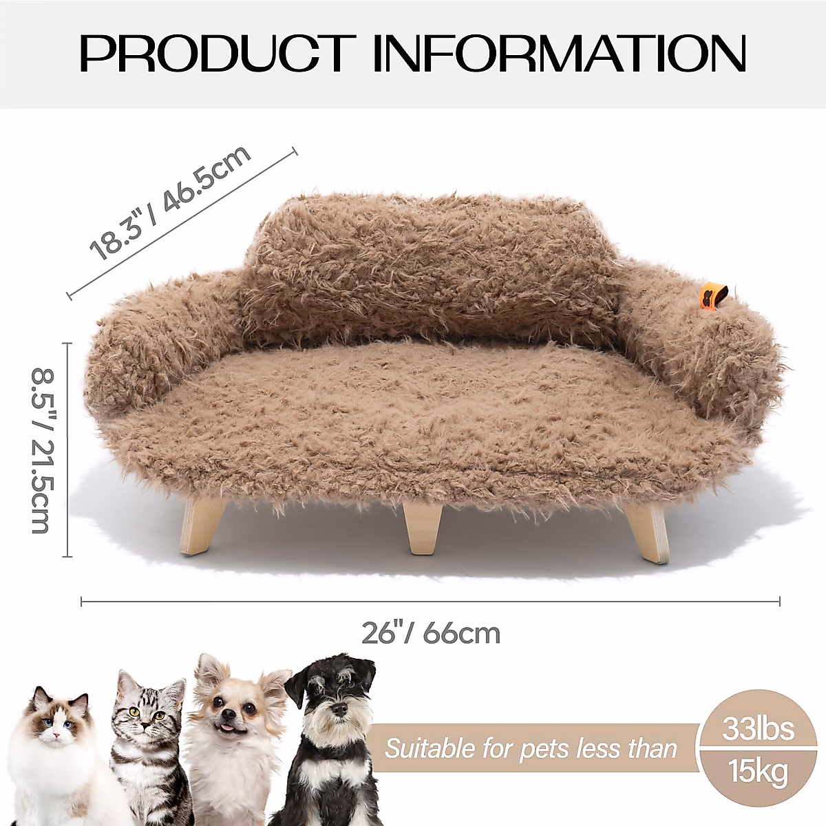 MEWOOFUN Removable Washable Cover Cat Bed - 26"x18.3"x8.5" Elevated Wooden Pet Sofa for Cats & Small to Medium Dogs, Modern Pet Furniture (Brown)