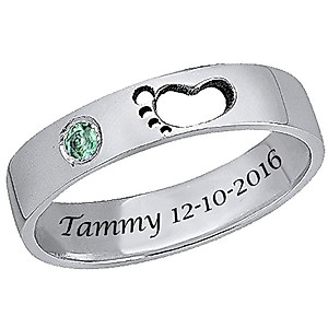 Ouslier 925 Sterling Silver Personalized Birthstone Baby Footprint Name Ring Custom Made with Name and Date (Silver)