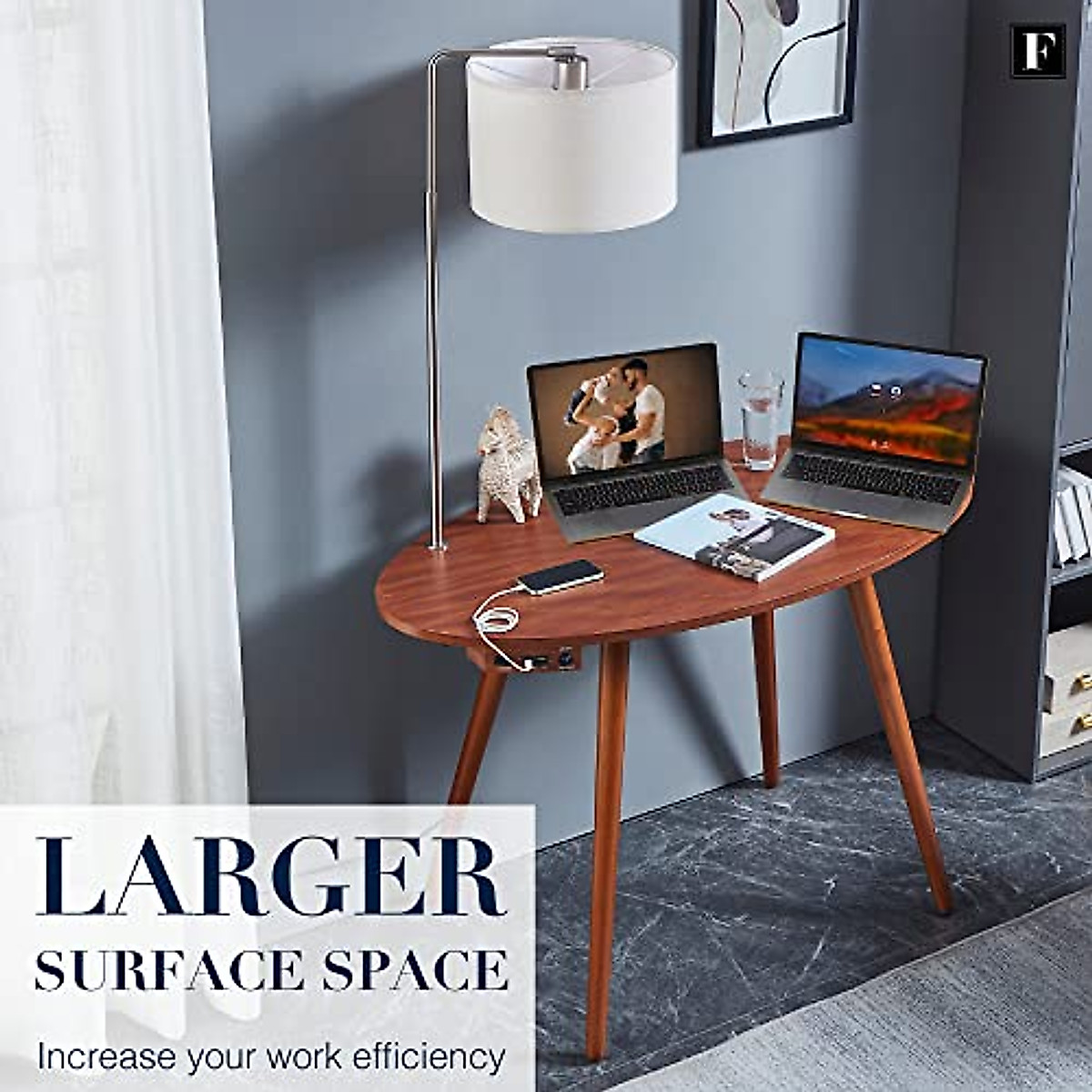 FENLO Future Oval - 45.5" Mid-Century Desk with Charging Station, Home Office Desk with USB, USB-C, and Power Outlet, Smart Work Table for Home Office, Round Table with USB Charging (Walnut)