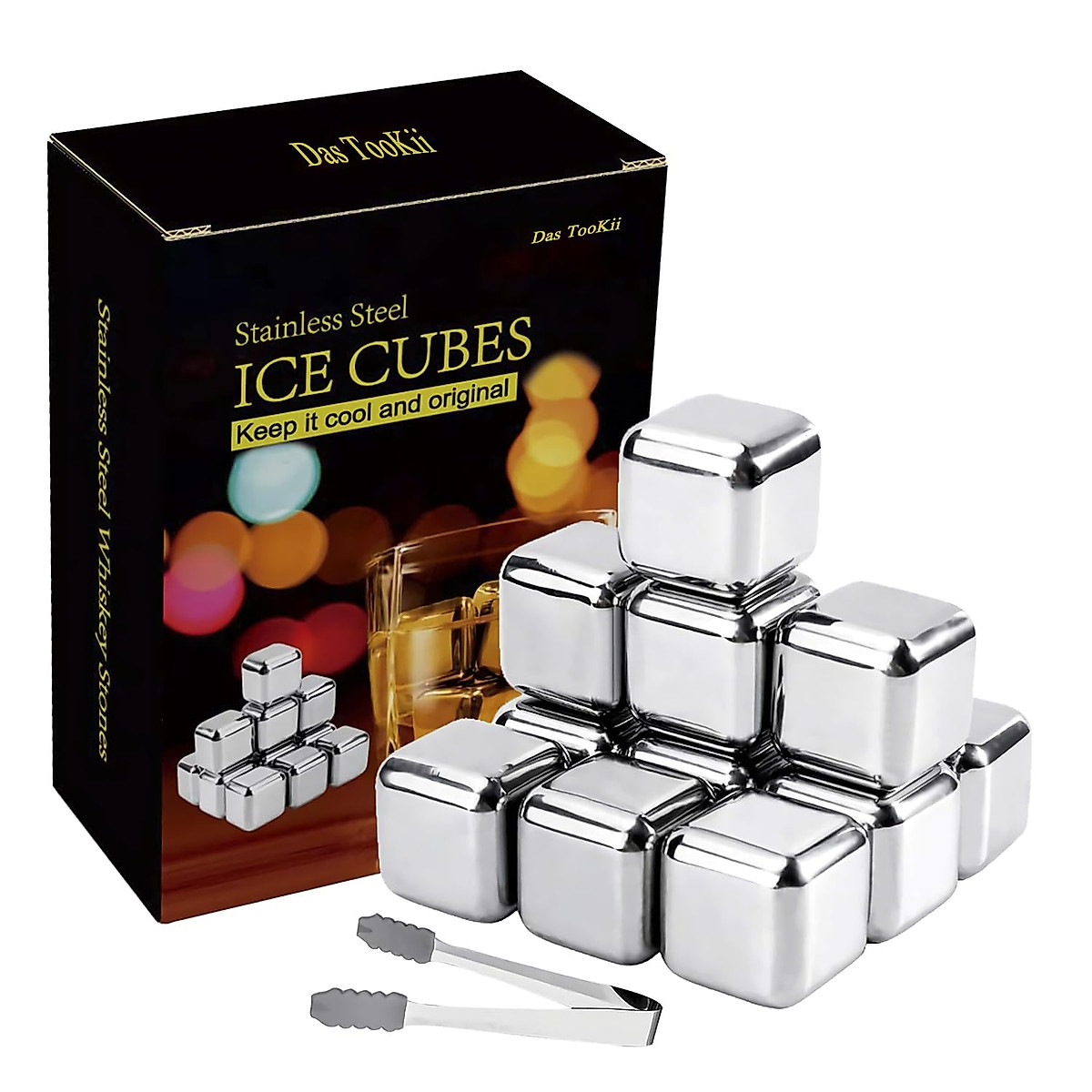 12 Pack Whiskey Stones Gift Set for Men, Das TooKii Stainless Steel Ice Cubes Chilling Stones Reusable, High Cooling Rocks Metal Ice Cube for Drinks Beverage Wine with Ice Tongs & Freezer Storage Box