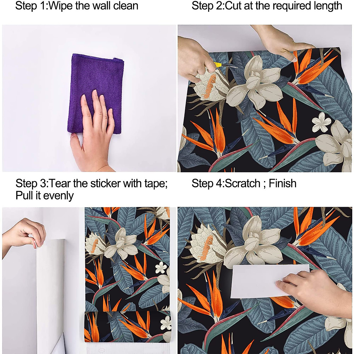 UniGoos White Floral Peel and Stick Wallpaper Black Background Blue Palm Flower Contact Paper Vinyl Self-Adhesive Vintage Wall Paper Roll for Cabinet DIY Decor 17.7" x 118"