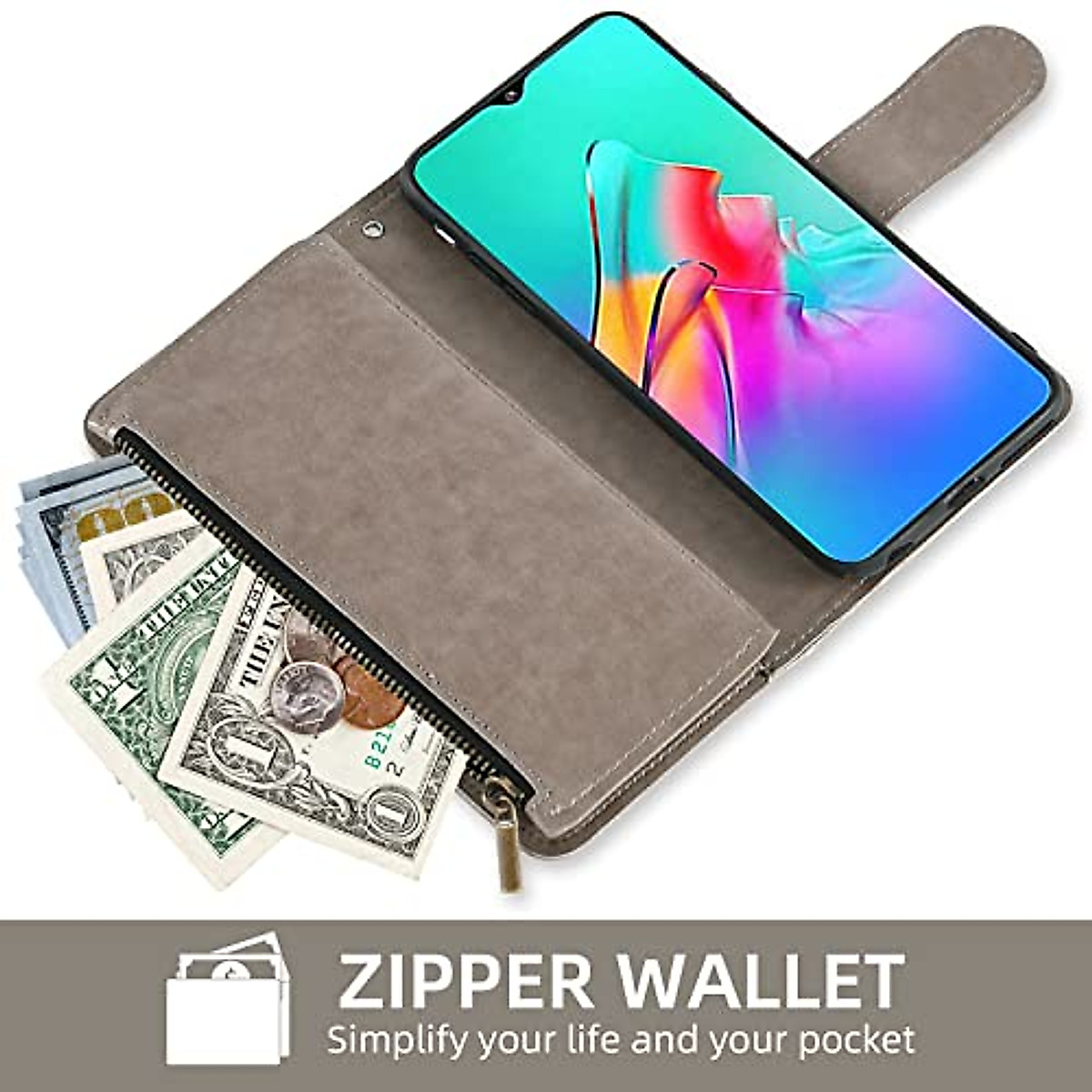 Asuwish Phone Case for Infinix Smart 5/Hot 10 Lite Wallet Cover with Tempered Glass Screen Protector and Flower Leather Flip Credit Card Holder Stand Folio Purse Cell Accessories X657B Women Men Grey