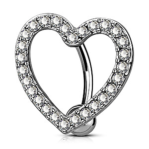 OUFER Titanium Belly Button Rings, Heart Shaped Reverse Belly Ring, Paved CZ Crystal Top-Down Belly Button Piercing, 14G Navel Rings for Women Men…