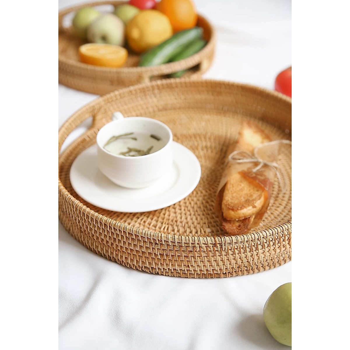 HITOMEN 14.2'' Hand-Woven Round Rattan Serving Tray Decorative Ottoman Wicker Platter with Handles for Coffee Table, Breakfast, Drinks, Snack, Bread, Fruit, Vegetables (Natural-L)