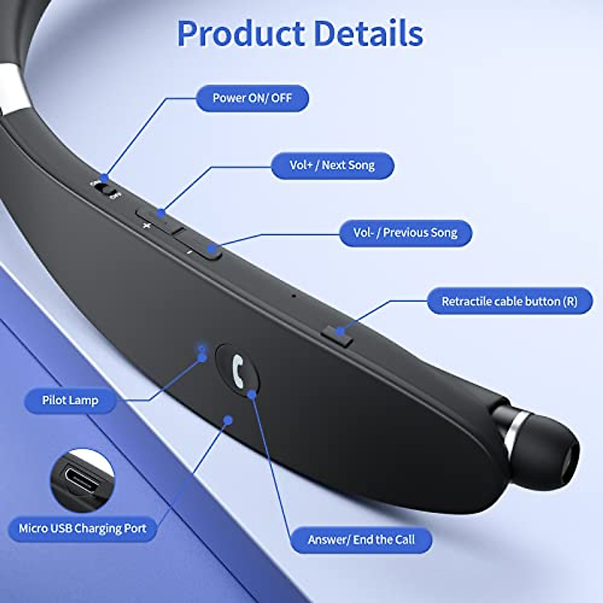 Bluetooth Headphones, Neckband Wireless Bluetooth Headset with Retractable Earbuds and Carrying Case, Foldable Noise Cancelling Earphones with Mic for Workout, Sweatproof & Lightweight (Black)