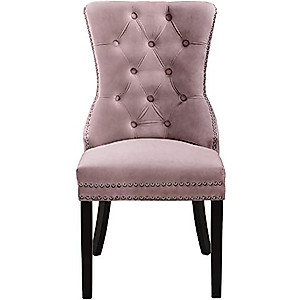 Meridian Furniture Nikki Collection Modern | Contemporary Velvet Upholstered Dining Chair with Wood Legs, Button Tufting, and Chrome Nailhead Trim, Set of 2, 23" W x 23" D x 40" H, Pink