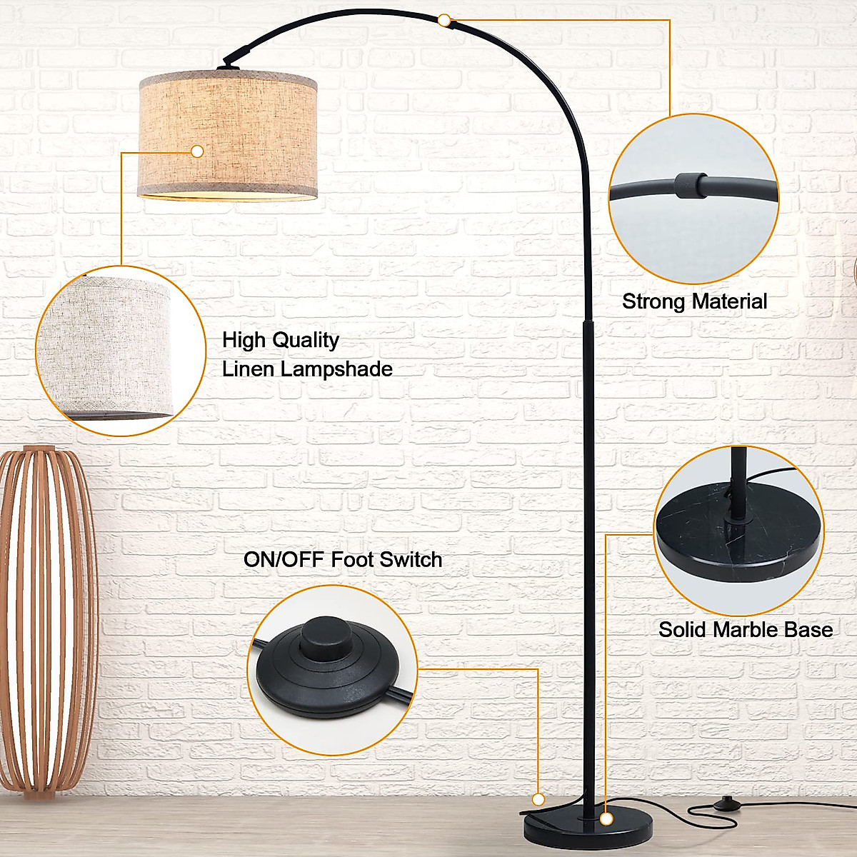 3 Lights Arc Floor Lamps for Living Room, Modern Tall Standing Lamp With Beige Shades & Heavy Base, Mid Century Tree Floor Lamp Multi-Arm Trilage Arched Floor Lamp for Bedroom Lounge Home Office