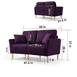Yuxuanhang Loveseat with Removable Backrest Pillows, Modern Velvet Upholstered Sofas with Gold Metal Legs, for Living Room, Bedroom, Easy Assembly (Purple)