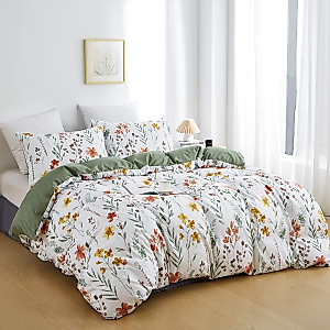 Nayoroom White Floral Duvet Cover Queen Size Green Botanical Leaf Yellow Flowers Printed Reversible Striped Bedding Set 3 Pieces Soft Microfiber Garden Style Comforter Cover with Zipper Ties