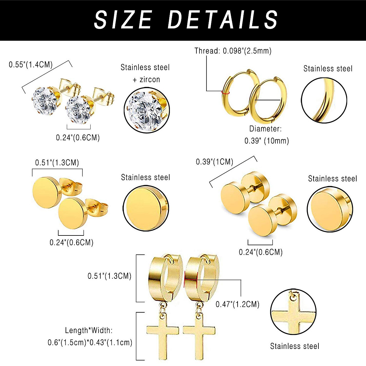 Aroncent 15 Pairs Mens Earrings Cross Earrings for Men Hoop Earrings Dangle Cross Earrings Fake Earrings CZ Stud Earrings for Men Women Stainless Steel Earrings Set