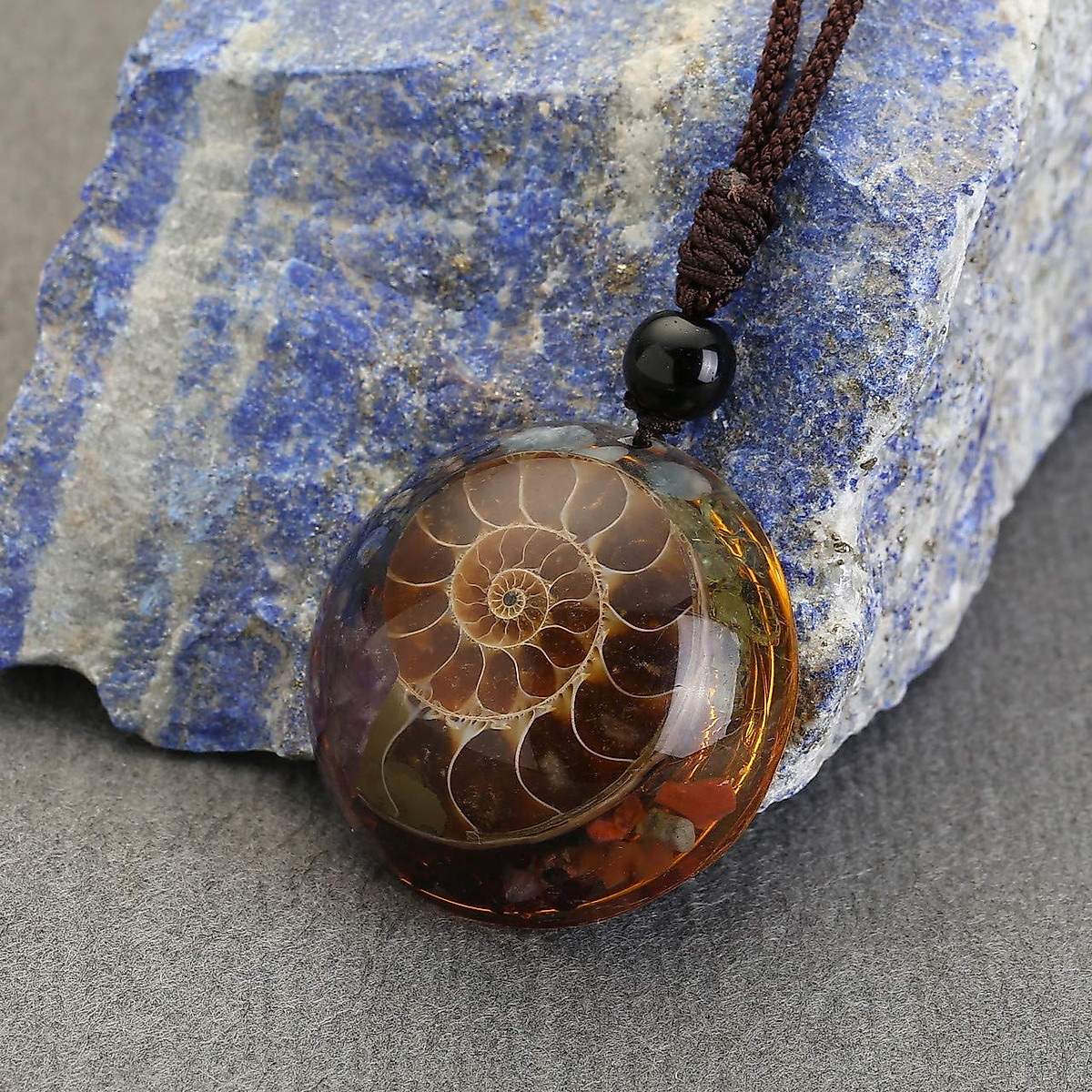 Top Plaza 7 Chakra Natural Healing Crystal Stone Pendant Necklace Adjustable Resin Ammonite Fossil Spiritual Necklace Jewelry for Women Men