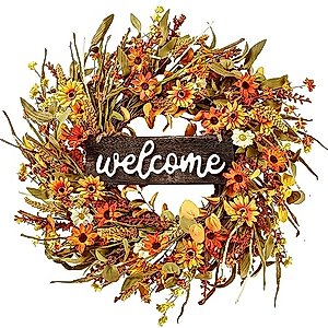 Sggvecsy Artificial Fall Wreath 22’’ Autumn Front Door Wreath Harvest Wreath with Orange Daisy Ear of Wheat Mixed Flowers and Leaves for Outside Indoor Wall Window Festival Thanksgiving Autumn Decor