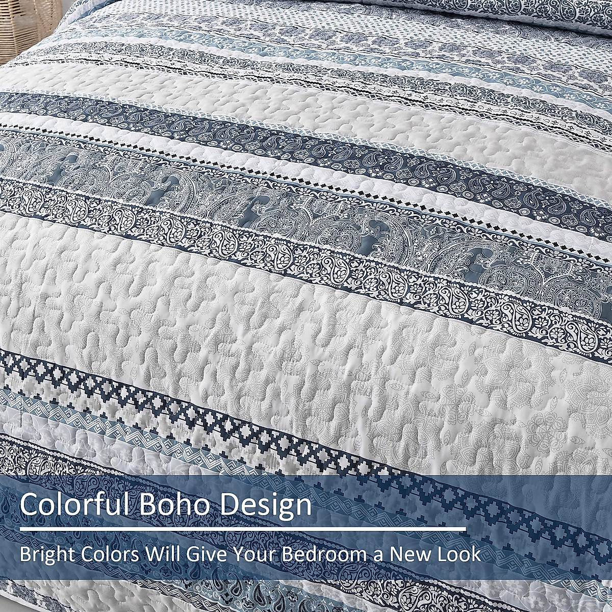 WONGS BEDDING Boho Quilt Set King Size, Light Blue Bohemian 3 Pieces Quilt Sets, Lightweight Summer Bedspread Coverlet Bedding Set for All Season (104"x90")