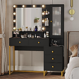 BTHFST Large Vanity Desk with Mirror and Lights, Makeup Vanity with Lights and Charging Station, Vanity Table with 5 Drawers and Storage Shelves, Makeup Desk with Nightstand, Black and Gold