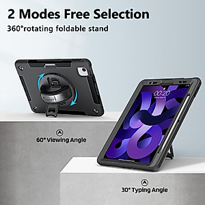 Miesherk Case for iPad Air 5th Generation Case: Compatible with iPad Air 5 Case 2022 Heavy Duty Shockproof Protective Cover-Pencil Holder-Rotating Stand-Hand/Shoulder Strap for iPad 10.9 2020 Black