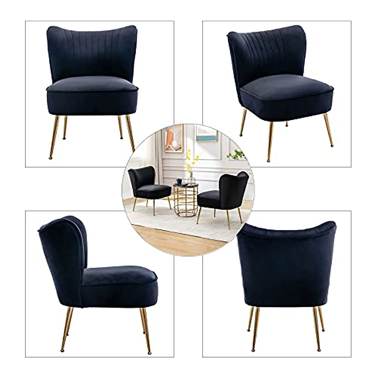 DUOMAY Modern Accent Chair Set of 2 Velvet Slipper Chair with Gold Legs Wingback Side Chair for Living Room Bedroom Entryway Small Corner Chair for Space Saving, Black
