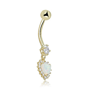 AVORA 10K Yellow Gold Simulated Opal Heart Halo with Simulated Diamond CZ Dangle Belly Button Ring Body Jewelry (14 Gauge) - Size 0
