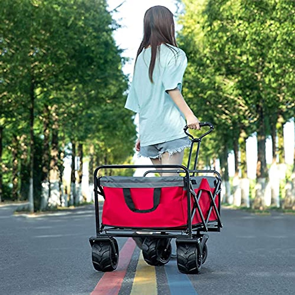 Suuim Collapsible Folding Wagon, Outdoor Folding Utility Wagon Wagon Collapsible with Wheels Heavy Duty Outdoor Cart for Camping Garden Beach with Cup Holde