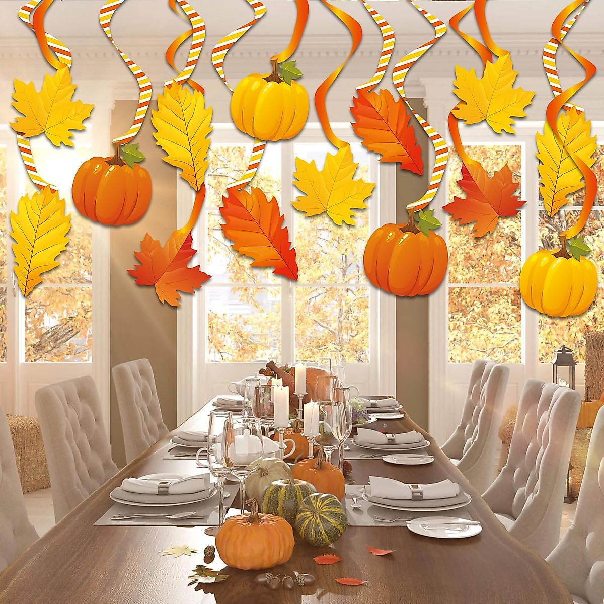 WEEPA 24 Pieces Fall Pumpkin Hanging Swirls Maple Leaves Swirls Decorations Fall Thanksgiving Ceiling Hanging Decorations for Home Autumn Thanksgiving Harvest Decor Party Supplies (Maple)