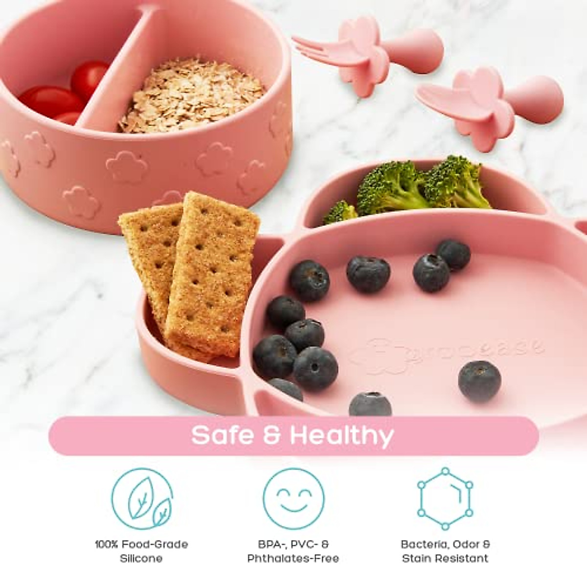 grabease Baby Essentials Must-Haves - Complete Feeding Set for Baby-Led Weaning and Portion Control - Suction Bottoms 4 Piece Set, BPA and Phthalates-Free, Blush