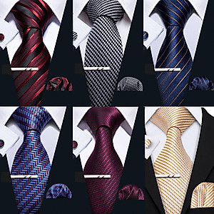 Barry.Wang Mens Stripe Plaid Tie Set with Pocket Square Cufflink Tie Clip Necktie Business Wedding 6PC