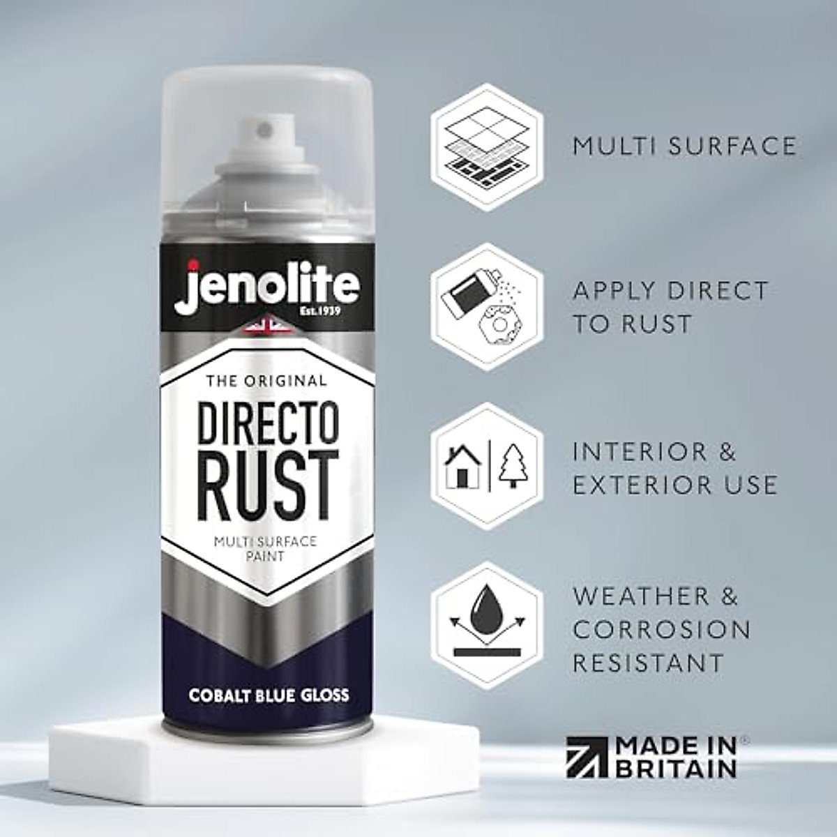 JENOLITE Directorust Spray Paint for Metal - COBALT BLUE - Gloss Finish for Indoor and Outdoor use - Multi-Surface for Metal, Plastic, Ceramic, Wood & Rusted Surfaces - 400ml (13.52fl oz), RAL5013