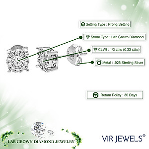 Vir Jewels 1/3 cttw Lab Grown Diamond Stud Earrings for Women Round in .925 Sterling Silver Prong Set
