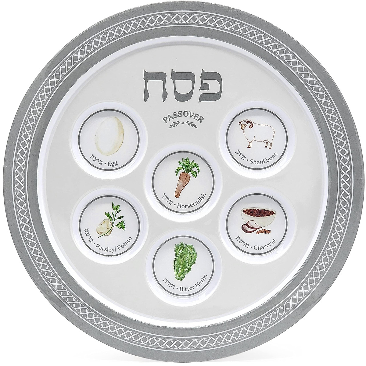 The Dreidel Company Passover Classic Silver Seder Plate, Melamine Silver Design Passover Seder Plates, Traditional Kaarah For Pesach 12" (Single)