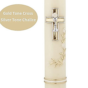 First Holy Communion Hand Decorated Taper Candle with Chalice, Cross and Host Design, Catholic Gifts for Girls and Boys, Tall Candles Church Supplies, 9.75 Inches