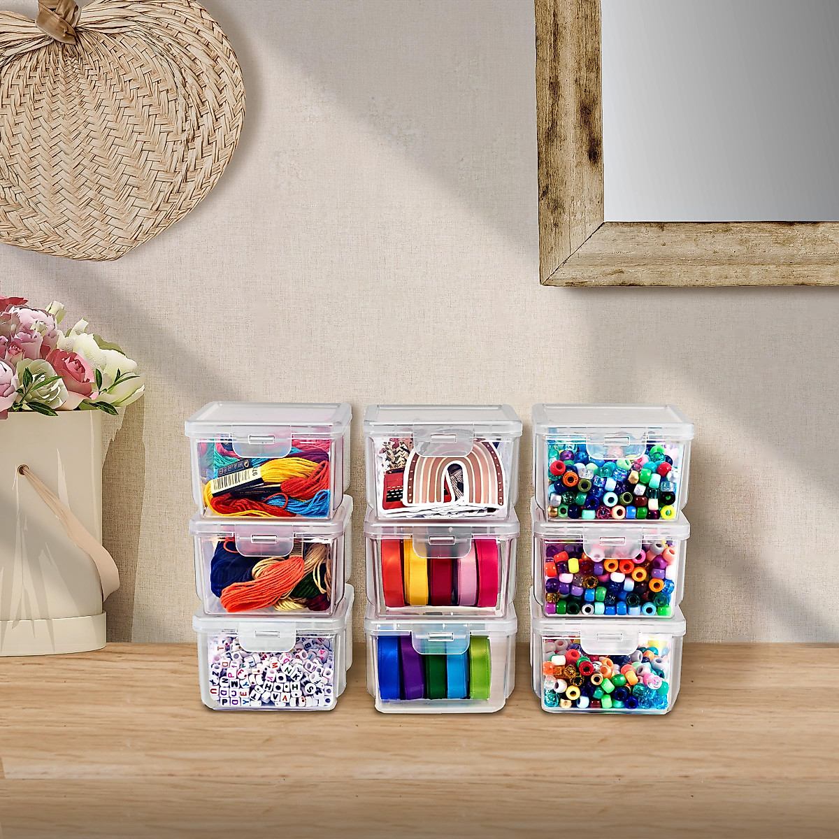 Sorbus 6 Piece Art Supply Storage Organizer - Stackable Plastic Storage Bins Set for Organizing Yarn, Ribbon, Crafts, Beads, Craft Supplies - Organizer Storage Boxes with Hinged Lids - Variety Pack