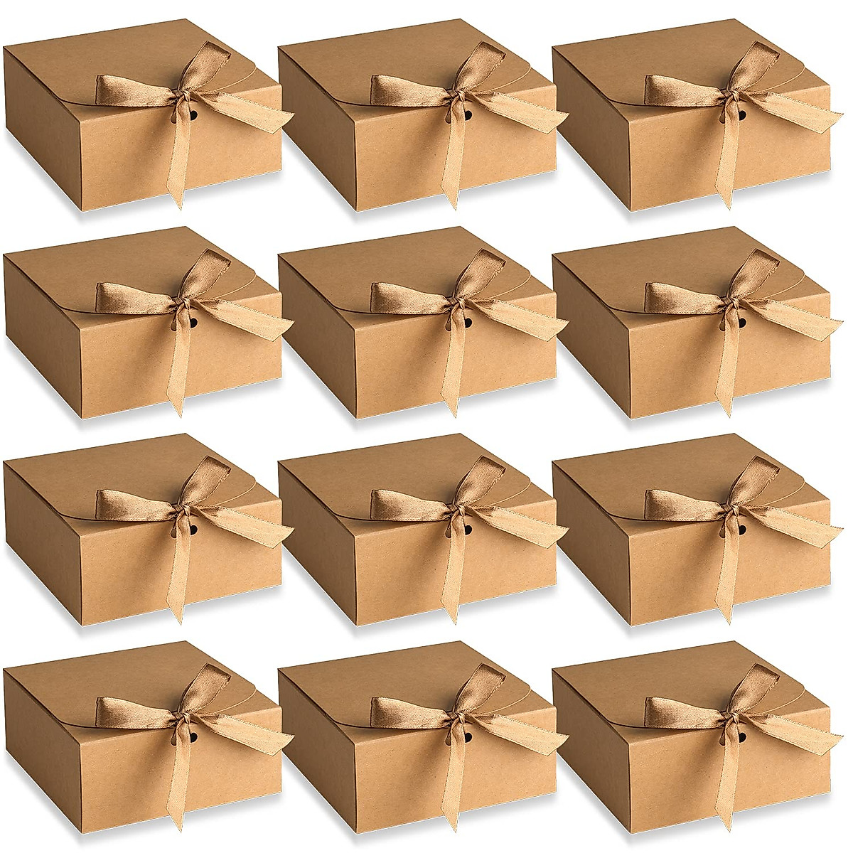 AIEX 12 Pcs Gift Boxes with Lids, 4.5" x4.5"x2" Present Boxes Square Gift Box with Champagne Wrap Ribbons, Gift Wrap Boxes for Birthday Wedding Party Christmas Chocolate Candy (Brown)