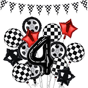 Jspupifip 15 Pcs Number 4 Race Car Birthday Balloons 40 Inch Race Car Checkered Foil Wheel Tire Balloons Racetrack Balloon Checkered Flags 8.2 Ft Banners for Race Car Boy 4st Birthday Party Supplies