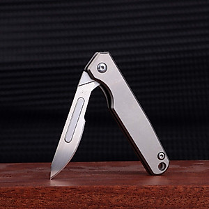 Samior TS51 Small Slim Scalpel Folding Pocket Flipper Knife with 10pcs #24 Replaceable Blade, 5.1 inches Grey Titanium Handle with Liner Lock, Utility EDC Keychain Knives, 0.99oz